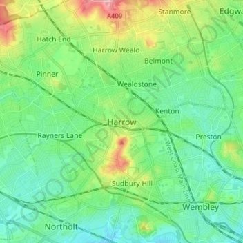 Harrowの地形図、標高、地勢