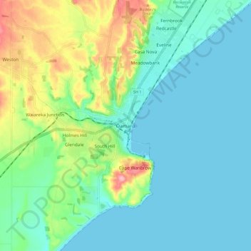 Oamaruの地形図、標高、地勢