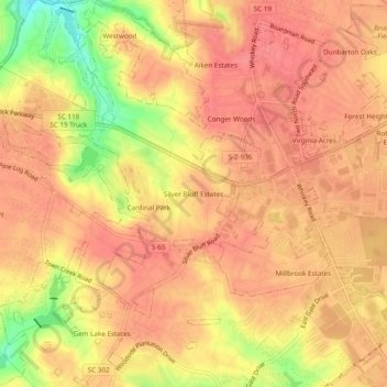 Silver Bluff Estatesの地形図、標高、地勢