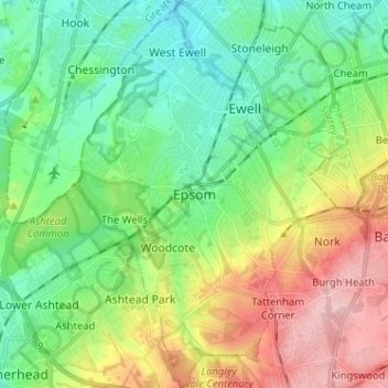 Epsomの地形図、標高、地勢