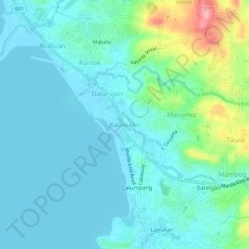 Kalawaanの地形図、標高、地勢