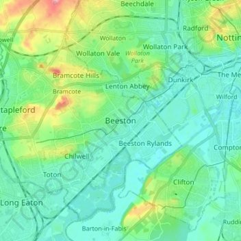 Beestonの地形図、標高、地勢