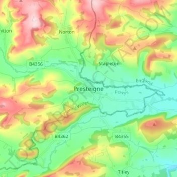 Presteigneの地形図、標高、地勢