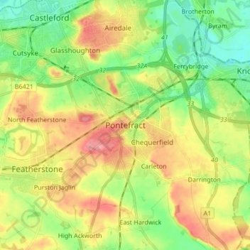 Pontefractの地形図、標高、地勢