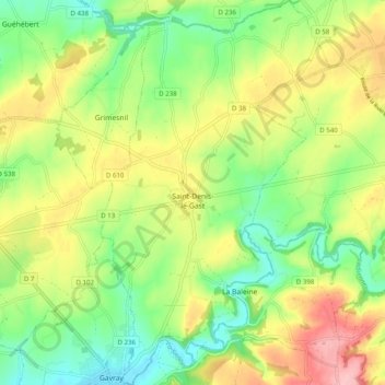 Saint-Denis-le-Gastの地形図、標高、地勢