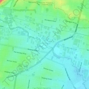 Smithfieldの地形図、標高、地勢