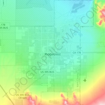 Ridgecrestの地形図、標高、地勢