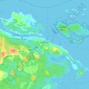Cansoの地形図、標高、地勢