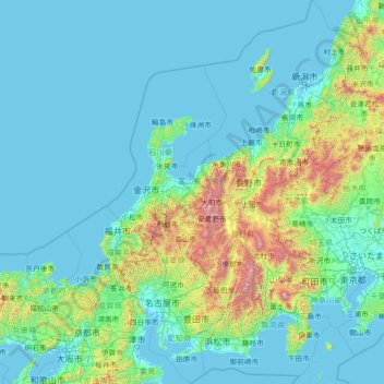 中部地方の地形図、標高、地勢