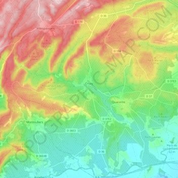 Cruzyの地形図、標高、地勢