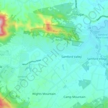 Samford Valleyの地形図、標高、地勢