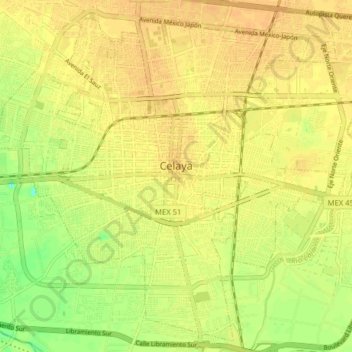 Celayaの地形図、標高、地勢