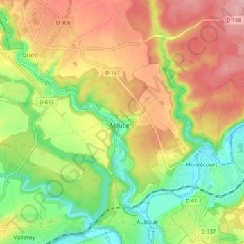 Moutiersの地形図、標高、地勢