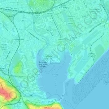 Butetownの地形図、標高、地勢