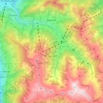 Alpbachの地形図、標高、地勢