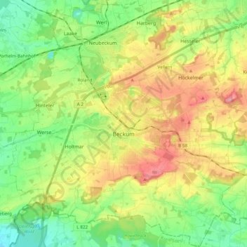 Beckumの地形図、標高、地勢