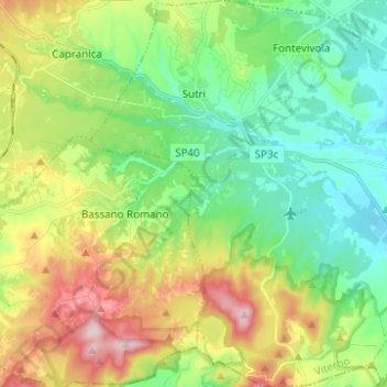 Sutriの地形図、標高、地勢