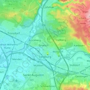 Siegburgの地形図、標高、地勢