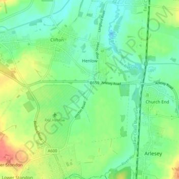 Henlowの地形図、標高、地勢