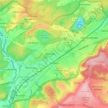 Forbachの地形図、標高、地勢