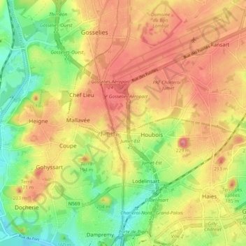Jumetの地形図、標高、地勢