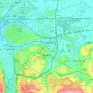 Town of De Wittの地形図、標高、地勢