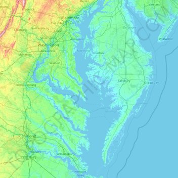 Chesapeake Bayの地形図、標高、地勢
