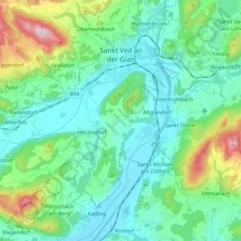 St. Veit an der Glanの地形図、標高、地勢