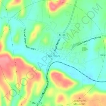 Oakmanの地形図、標高、地勢