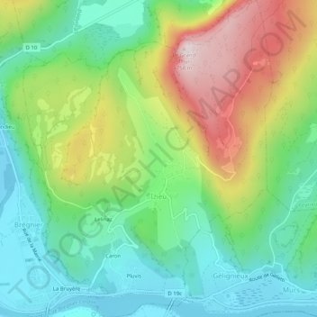 Izieuの地形図、標高、地勢
