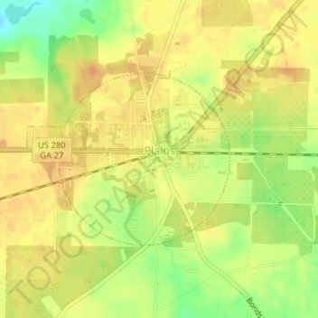 Plainsの地形図、標高、地勢