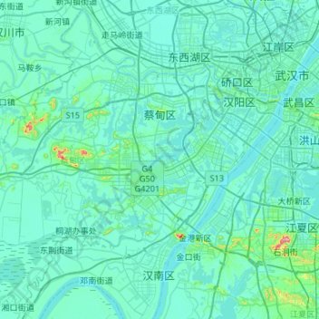 Caidian Districtの地形図、標高、地勢