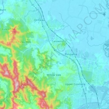 Pimpama Riverの地形図、標高、地勢