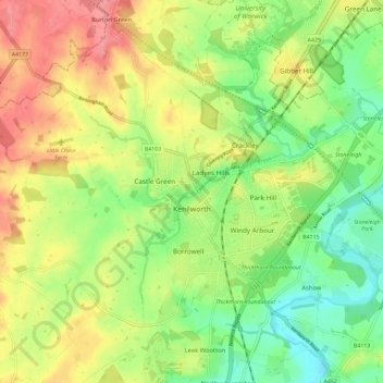 Kenilworthの地形図、標高、地勢