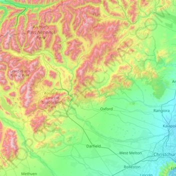 Waimakariri Riverの地形図、標高、地勢