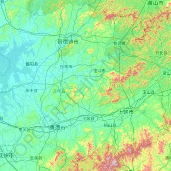 Shangraoの地形図、標高、地勢