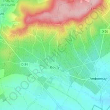 Bouzyの地形図、標高、地勢