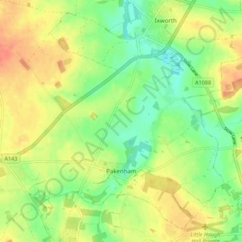 Pakenhamの地形図、標高、地勢