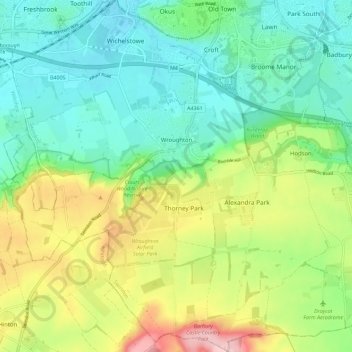 Wroughtonの地形図、標高、地勢