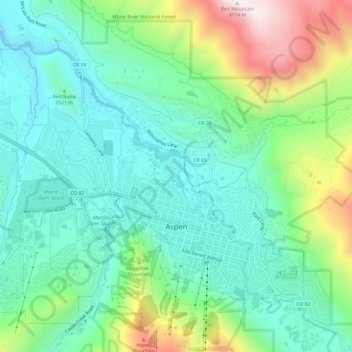 Aspenの地形図、標高、地勢