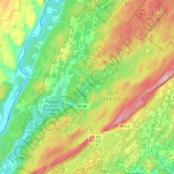 Sandyston Townshipの地形図、標高、地勢