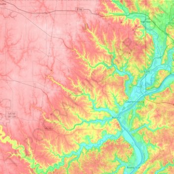 Dearborn Countyの地形図、標高、地勢