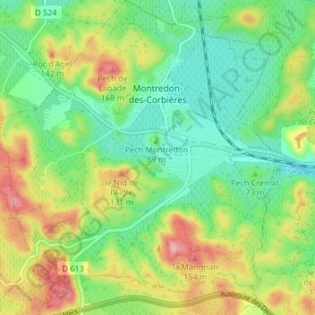 Montredon-des-Corbièresの地形図、標高、地勢