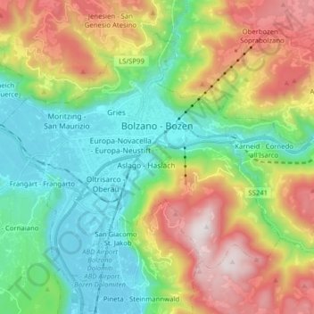 Bolzanoの地形図、標高、地勢