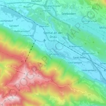 Spittal an der Drauの地形図、標高、地勢