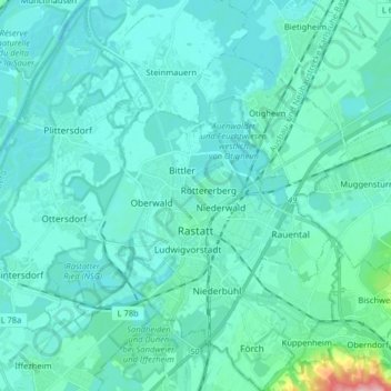Rastattの地形図、標高、地勢