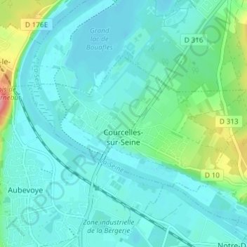 Courcelles-sur-Seineの地形図、標高、地勢